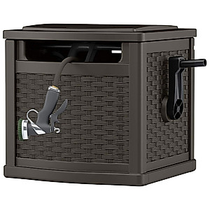 Suncast 150 Foot Slide Trak Outdoor Garden Wicker Resin Water Hose and Reel Hideaway with Brass Connections for Patio or Backyard, Java