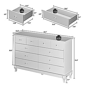 Homsee 10 Drawer Double Dresser with Stylish Carved Legs, Modern Wood Dresser Chest of Drawers with Large Storage Space for Bedroom, White (55.1”W x 15.7”D x 35.4”H)