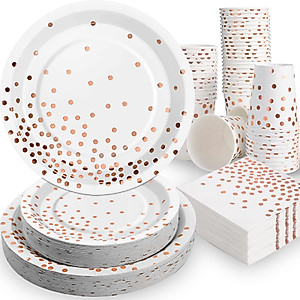 Gudvilla 200PCS Rose Gold Plates and Napkins Party Supplies,Rose Gold Party Decorations Serve 50 Guests,Gold Polka Dots Paper Plates for Retirement Wedding Decorations-Rose Gold Birthday Plates