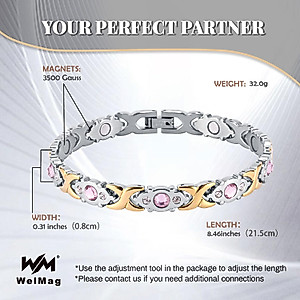 WELMAG WM Magnetic Bracelet for Women Sparkling Pink Crystals Design Fashion Chaninly Strength 3500 Gauss Magnetic Ladies Bracelets with Sizing Tool Jewelry Gift Box