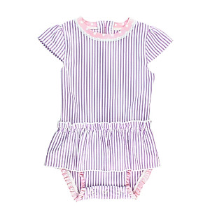 RuffleButts Infant/Toddler Girls Peplum Skirt One Piece Rash Guard Swimsuit - Lilac Seersucker - 12-18m