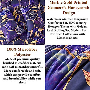 ANGIYUIN 7Pcs Bed-in-A-Bag Purple Gold Marble King Comforter Set with Sheets, 3D Geometric Hexagon Theme Decor Yellow Leaf Bedding Set, Modern Foil Print Duvet Insert for All Season (Purple King)