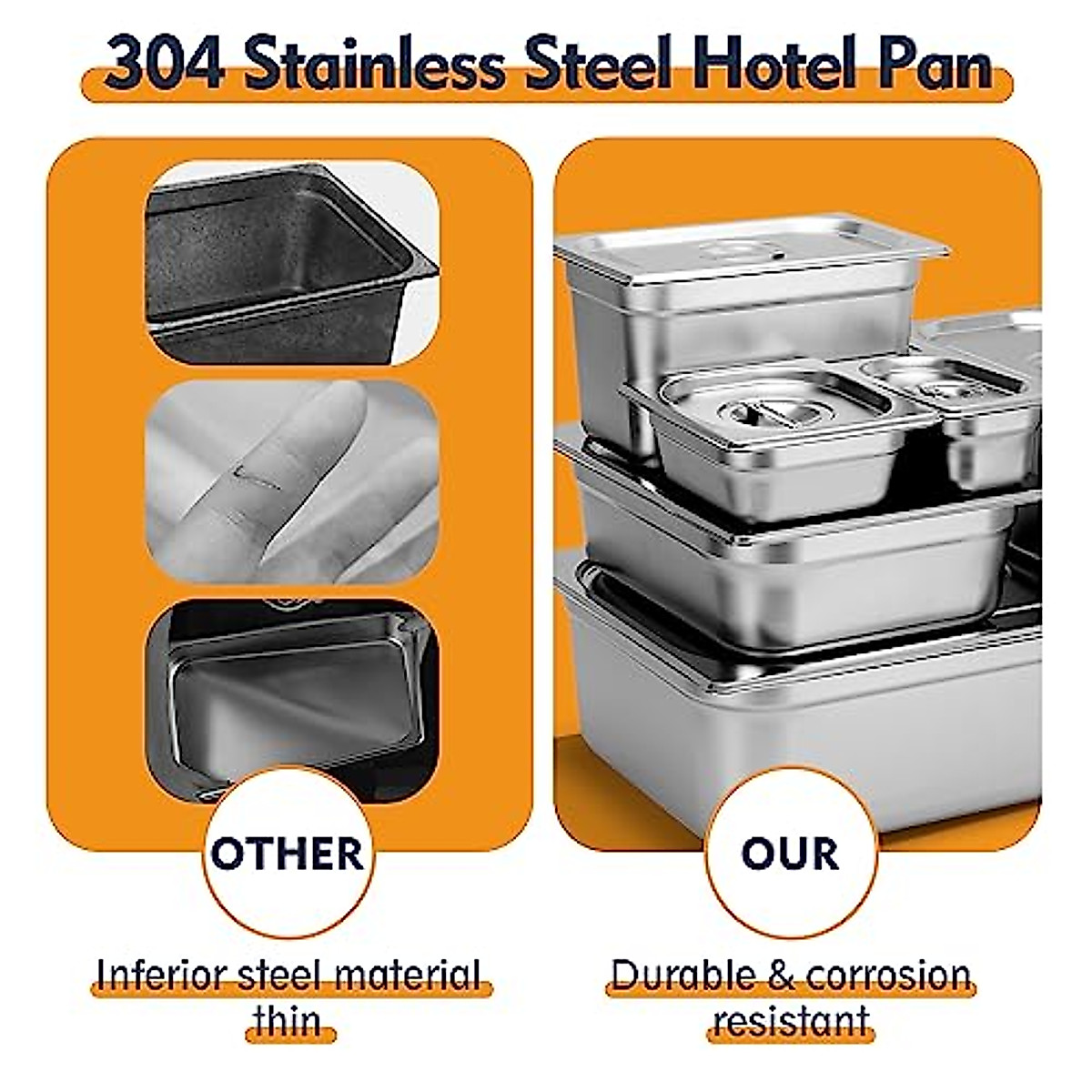 FUSON 4 Pack 1/6 Size 4 Inch Deep Anti Jam Steam Table Pan, NSF, Commercial 18/8 Stainless Steam Pan, Restaurant, Hotel