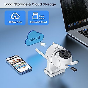 NUFEBS Security Camera 2K/4MP Wireless Outdoor with Solar Panel 355°PTZ 2.4G WiFi Waterproof Surveillance Motion Dection Spotlight/Siren, Color Night Vision，2 Way Audio，SD Card Slot/Clound (White)