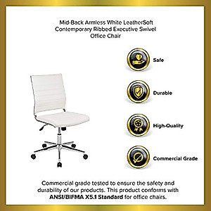 Merrick Lane Corrina White Ergonomic Swivel Office Chair Ribbed Faux Leather Back and Seat Mid-Back Armless Computer Desk Chair with Chrome Base