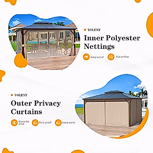 YOLENY 12'x14' Hardtop Gazebo, Outdoor Polycarbonate Double Roof Canopy, Aluminum Frame Permanent Pavilion with Curtains and Netting, Sunshade for Garden, Patio, Lawns