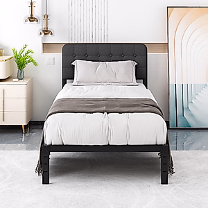 Likelalaso Twin Bed Frame with Upholstered Headboard, 12 inch Twin Metal Platform Bed Frame, Steel Slat Support, Noise Free, No Box Spring Needed, Easy Assembly, Black