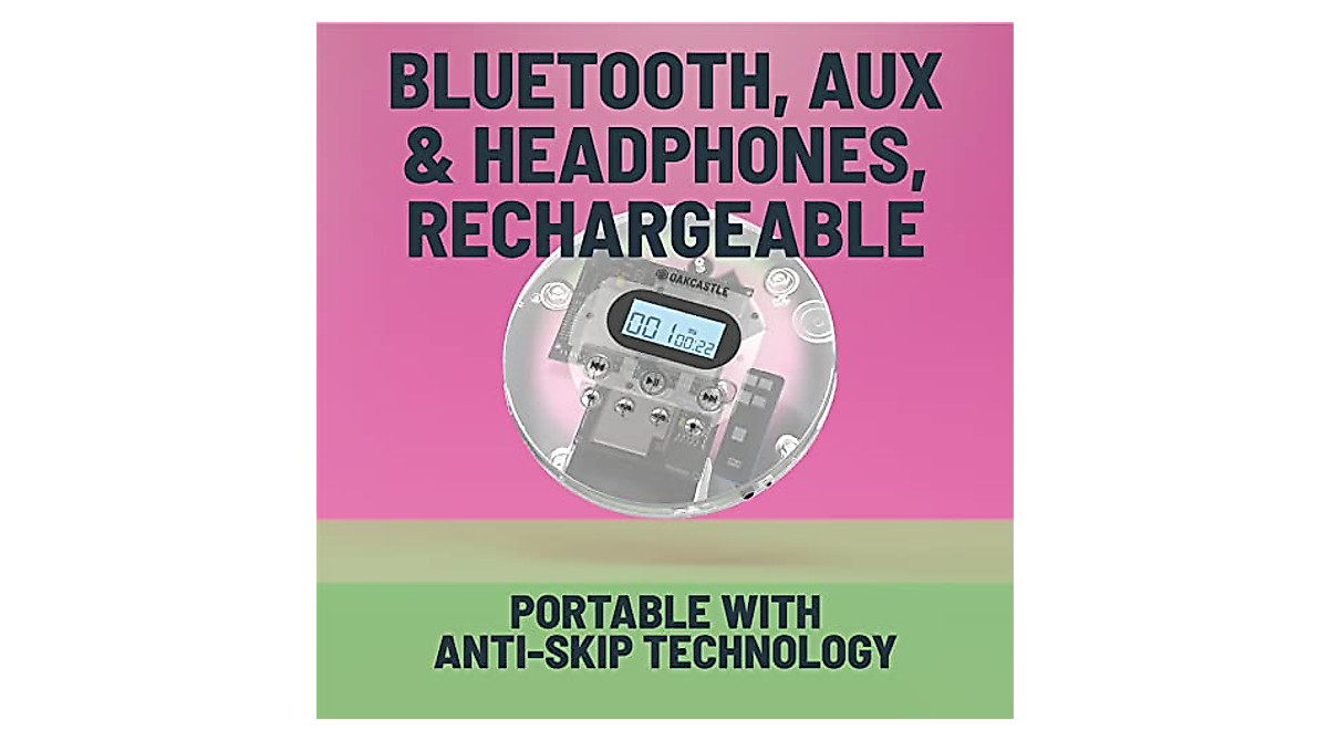 Oakcastle CD100 Rechargeable Bluetooth CD Player – 12hr Portable Audio