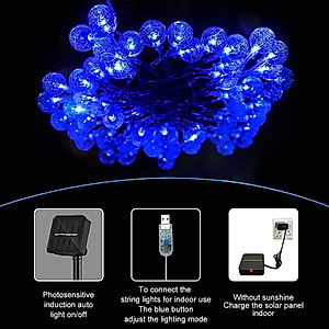 YZIXNUY Solar String Lights Outdoor Waterproof, 30.2FT 60 LED Crystal Globe Fairy Lights Solar Powered& USB Plug-in Powered with 8 Lighting Modes for Indoor Outdoor Party Home Backyard Wedding (Blue)