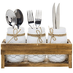 MyGift Vintage White Painted Mason Jars Silverware Holder for Party with Burnt Wood Tray and Chicken Wire Design, 4-Piece Set