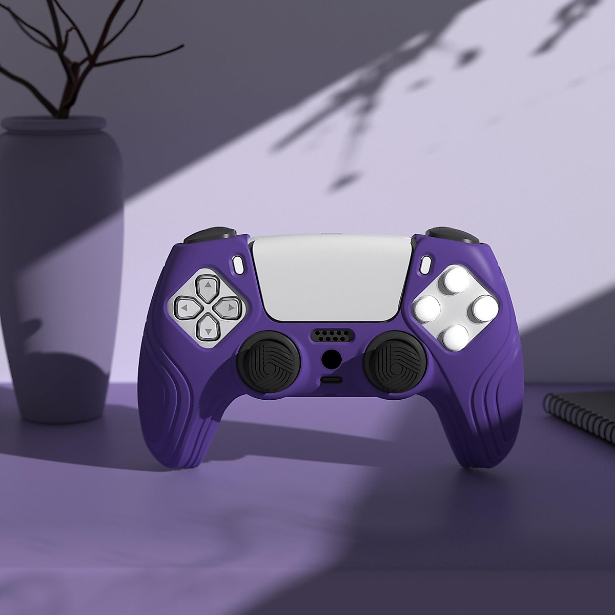 eXtremeRate PlayVital Samurai Edition Purple Anti-Slip Controller Silicone Skin for ps5, Ergonomic Soft Rubber Protective Case for ps5 Controller with Black Thumb Stick Caps
