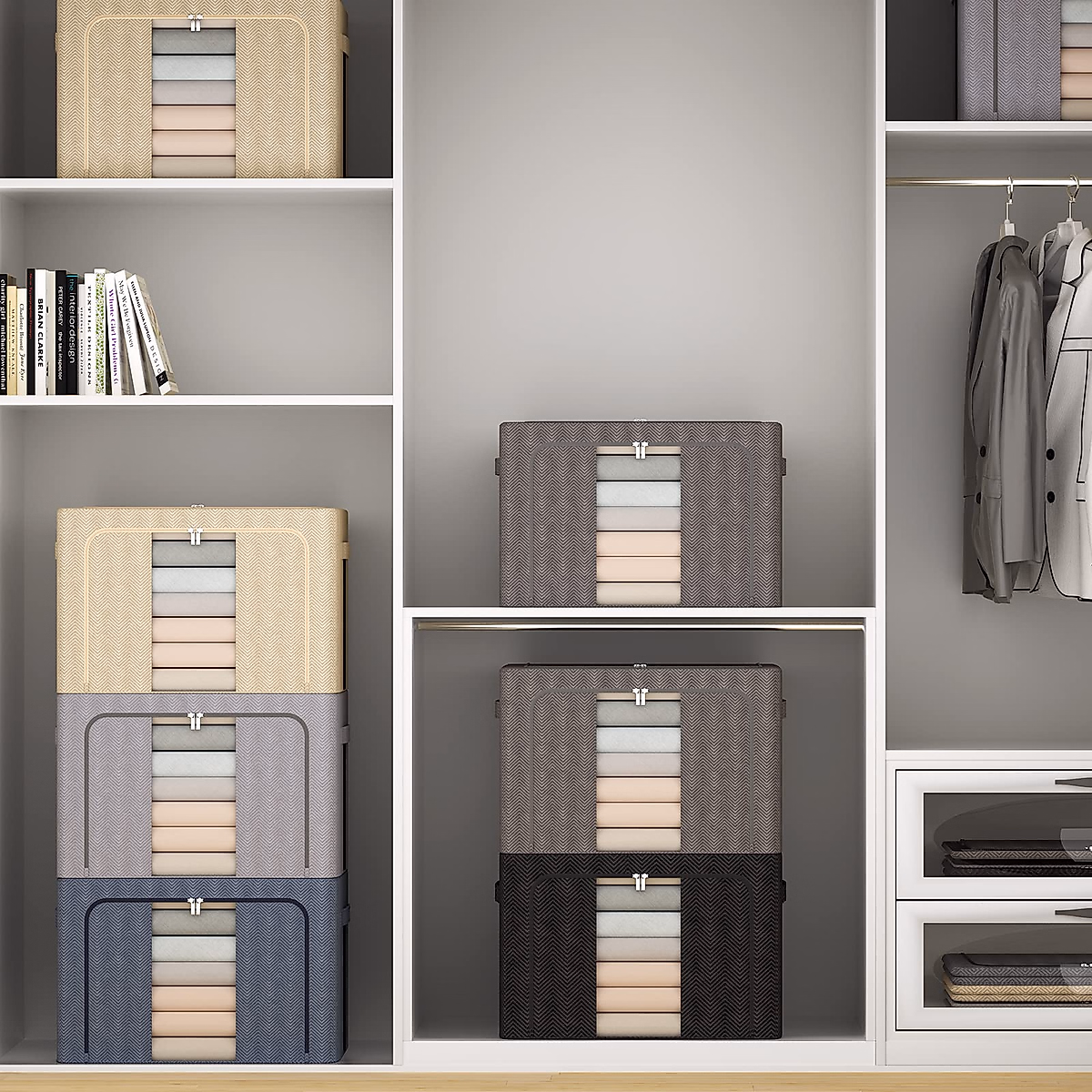 FHSQX Clothes Storage Organizer Bins- Stackable Storage Containers for Closet Foldable Storage Bins for Clothes with Clear Window & Carry Handles (Extra Large-100L(23.6x16.5x15.7inch), Beige)