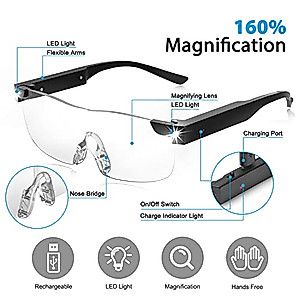 SKYWAY Magnifying Glasses with Light, 160% LED Lighted Rechargeable Magnifier Eyeglasses for Reading Hobbies and Close Work Hands Free
