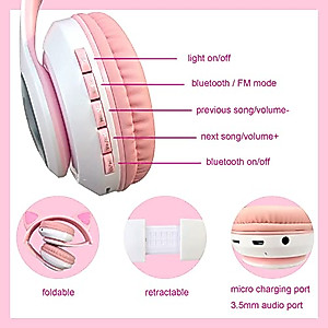 kuyaon Wireless Headphones for Kids, Cat Ear LED Light Up Bluetooth Kids Headphones with Microphone for School/Travel/Sports/Gaming/Gifts/Christmas (Pink)