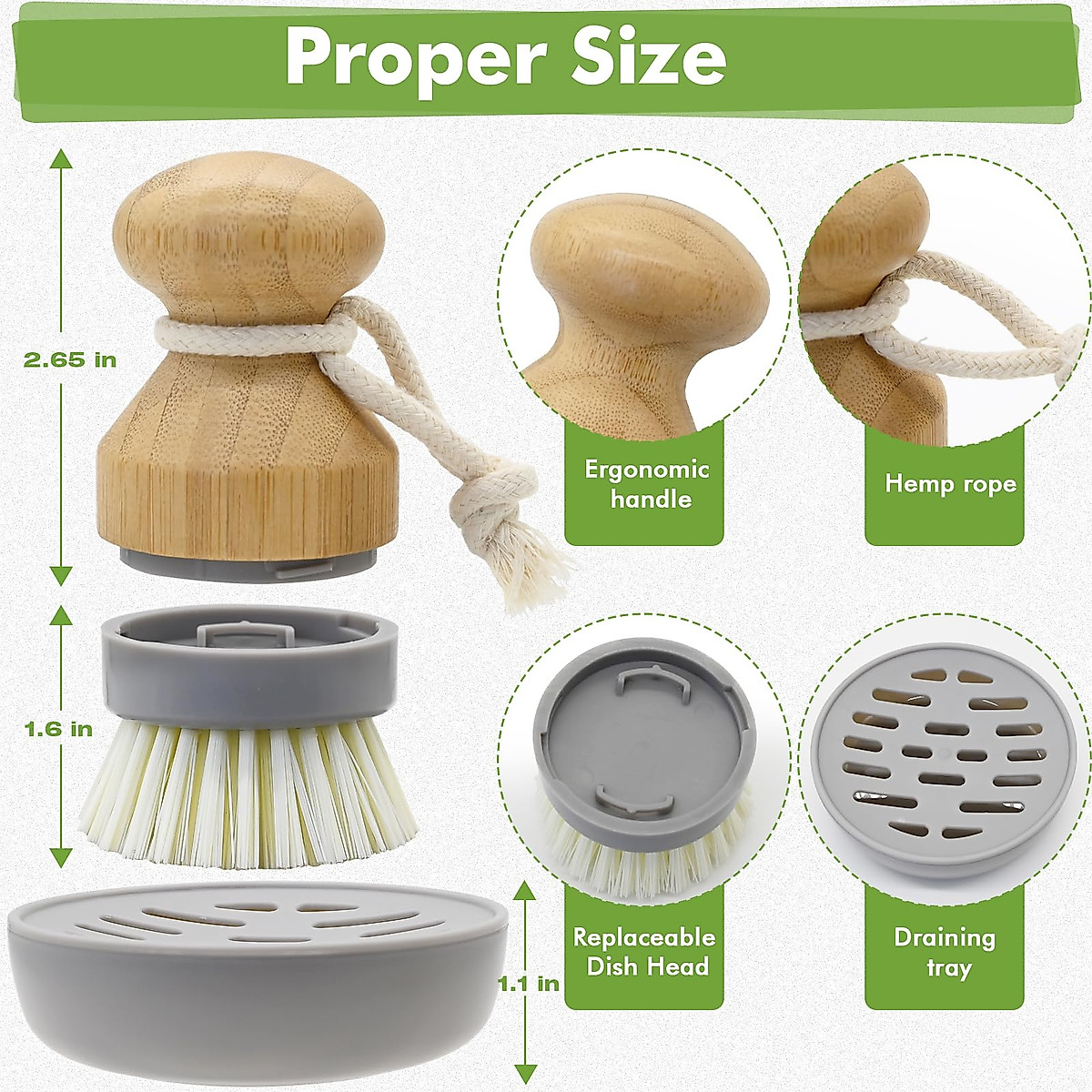 Bamboo Dish Brush, 2 Pack Bamboo Dish Scrub Brushes with Tray, Detachable Wooden Palm Brush for Cleaning Pots, Pans, Dishes, Sink and Vegetables