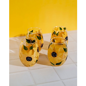 Market Street Gallery - Hand-Painted Sunflower Stemless Wine Glass Set - Rustic Country Farmhouse Decor - Kitchen Gift, Set of 2