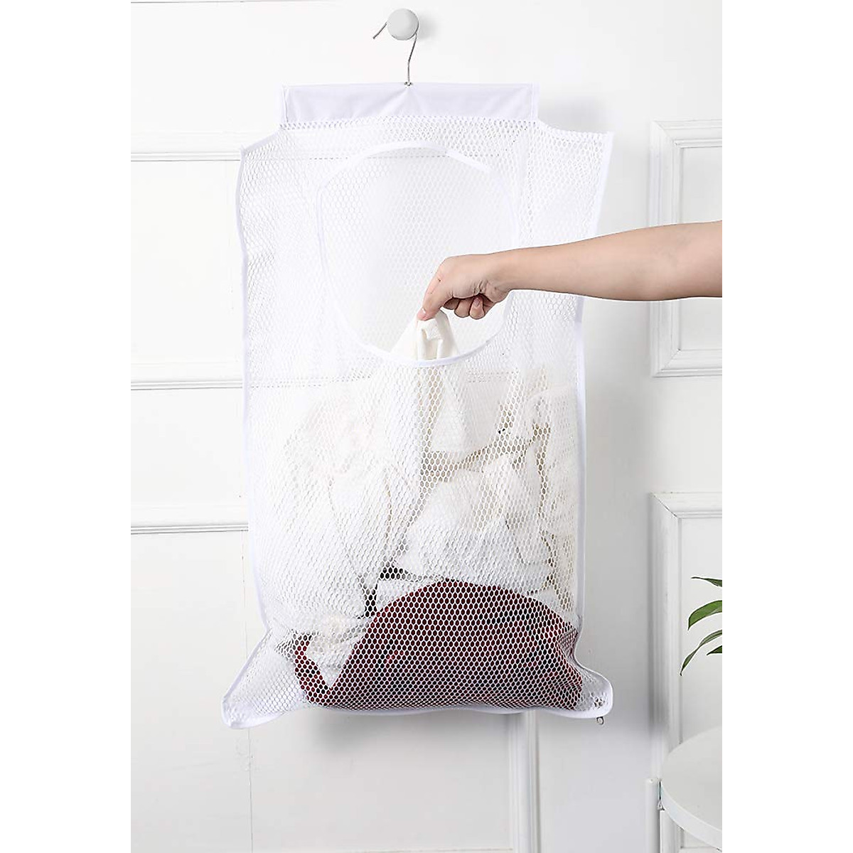 Dearjana Door-Hanging Mesh Laundry Hamper Bag, Space Saving Corner Small Laundry Basket Dirty Clothes Hamper with Rotating Metal Hanger for Apartment, RV, Camper, Cabin, College Dorm Use(White)