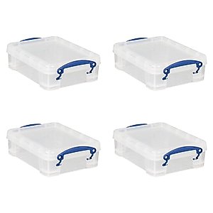 Really Useful Box 1.75 Liter Plastic Stackable Storage Container with Snap Lid & Built-In Clip Lock Handles for Home or Office Organization, 4 Pack