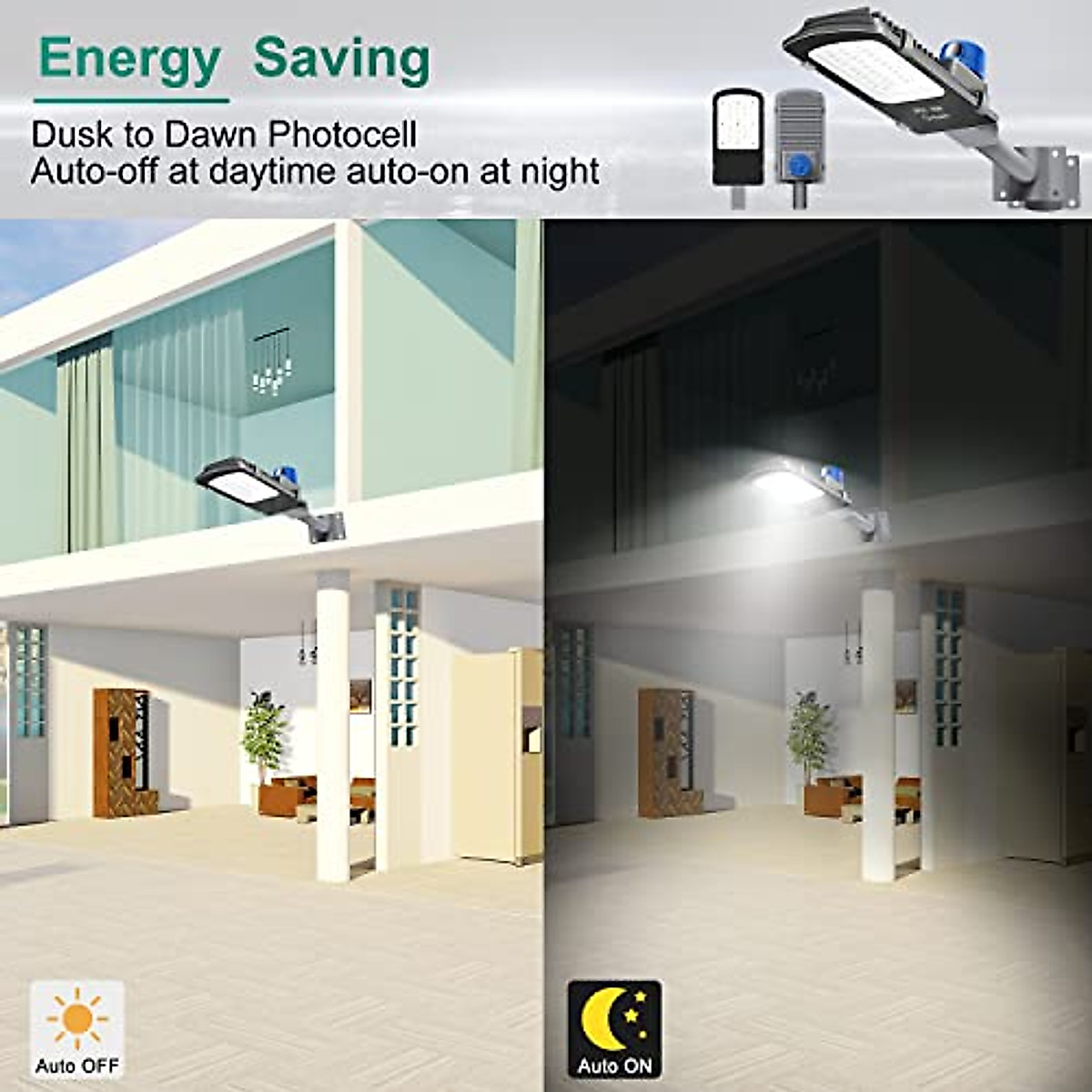 Gebosun 200W AC Powered Street Light & Flood Light, with Optic Sensor, Dusk to Dawn, 9,600 Lumen, 6,000K, IP65 Waterproof, Wall-Mounted & Pole-Mounted