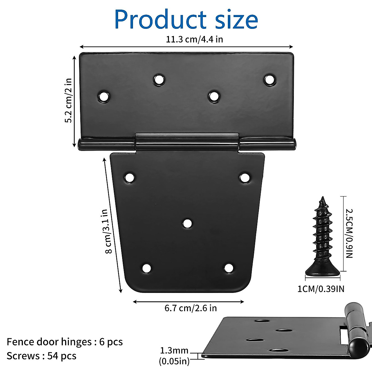 Heavy Duty Gate Hinges for Wooden Fences, 6 Pcs Fence Hinges, Black Shed Hinges, Iron Metal Barn Door Gates Hinges for Wood Shed Barn Door Wood Fence Gate Swing Door Hinges, with 54 Screws