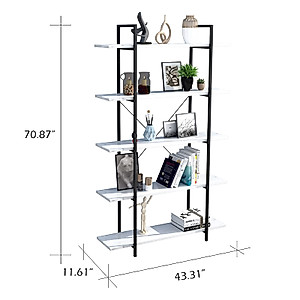 IOTXY 5-Tier Open Shelf Bookcase - Modern Freestanding Wooden Display Stand Unit with Metal Frame for Home and Office, Bookshelf, Black White