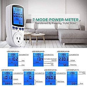 Power Meter Plug, Power Consumption Monitor Electricity Usage Monitor Analyzer Home Energy Consumption Analyzer with Digital LCD Display, Overload and 7 Display Modes for Energy
