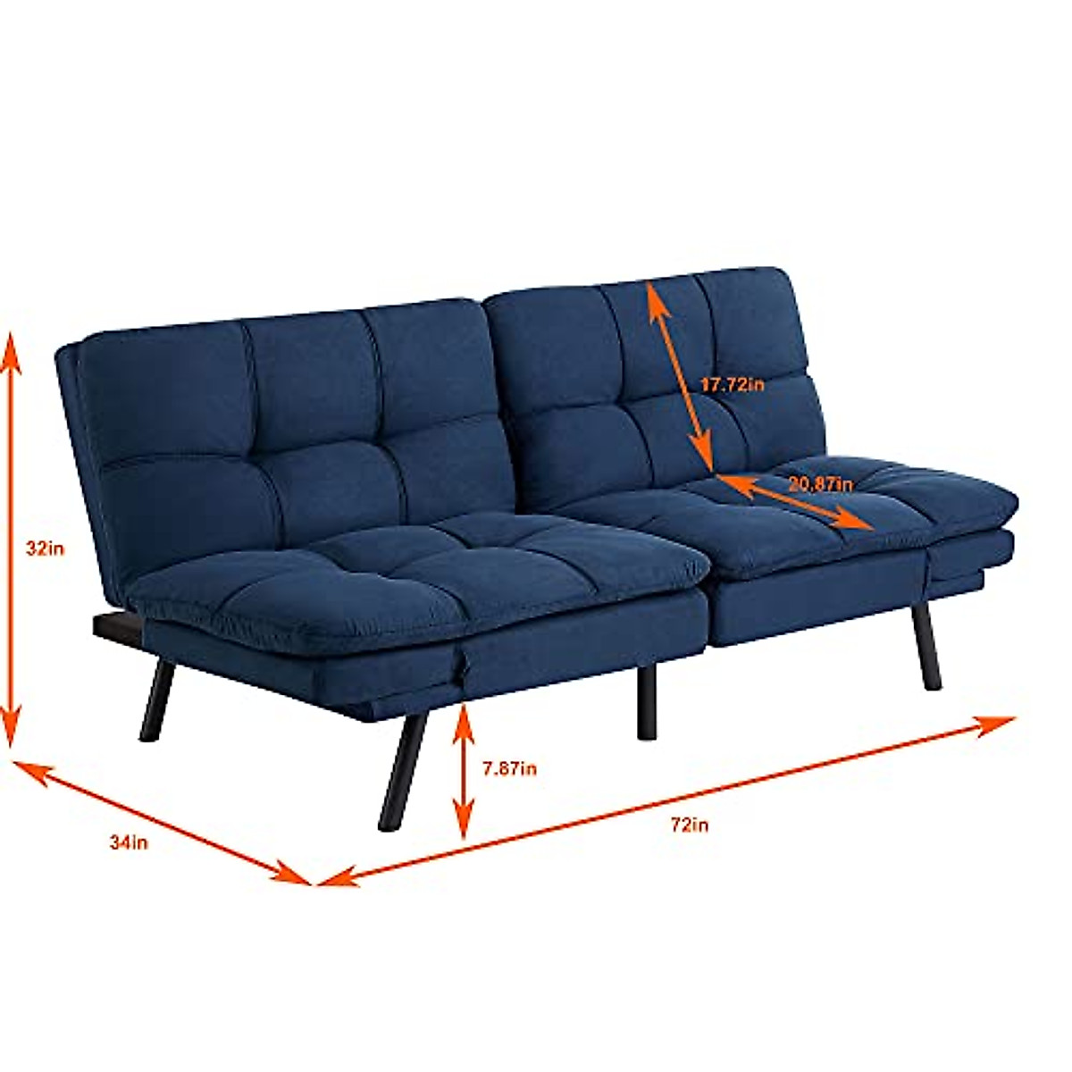 Memory Foam Futon Sofa Bed Couch Sleeper Convertible Foldable Blue Suede