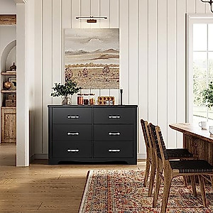 LINSY HOME 6 Drawer Dresser for Bedroom, Modern Double Dresser Organizer, Black Wood Dresser Chest of Drawers for Baby,Kids Bedroom