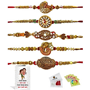 CRAFTSMAN Rakhi for brother Bhaiya Bhabhi Gift Set of 5 Pcs Rakhi for family Raksha Bandhan Festival Rakhi for Bhaiya and Bhabhi, Indian designer latest Rakhi for bhai Thread Bracelets (Design 2)