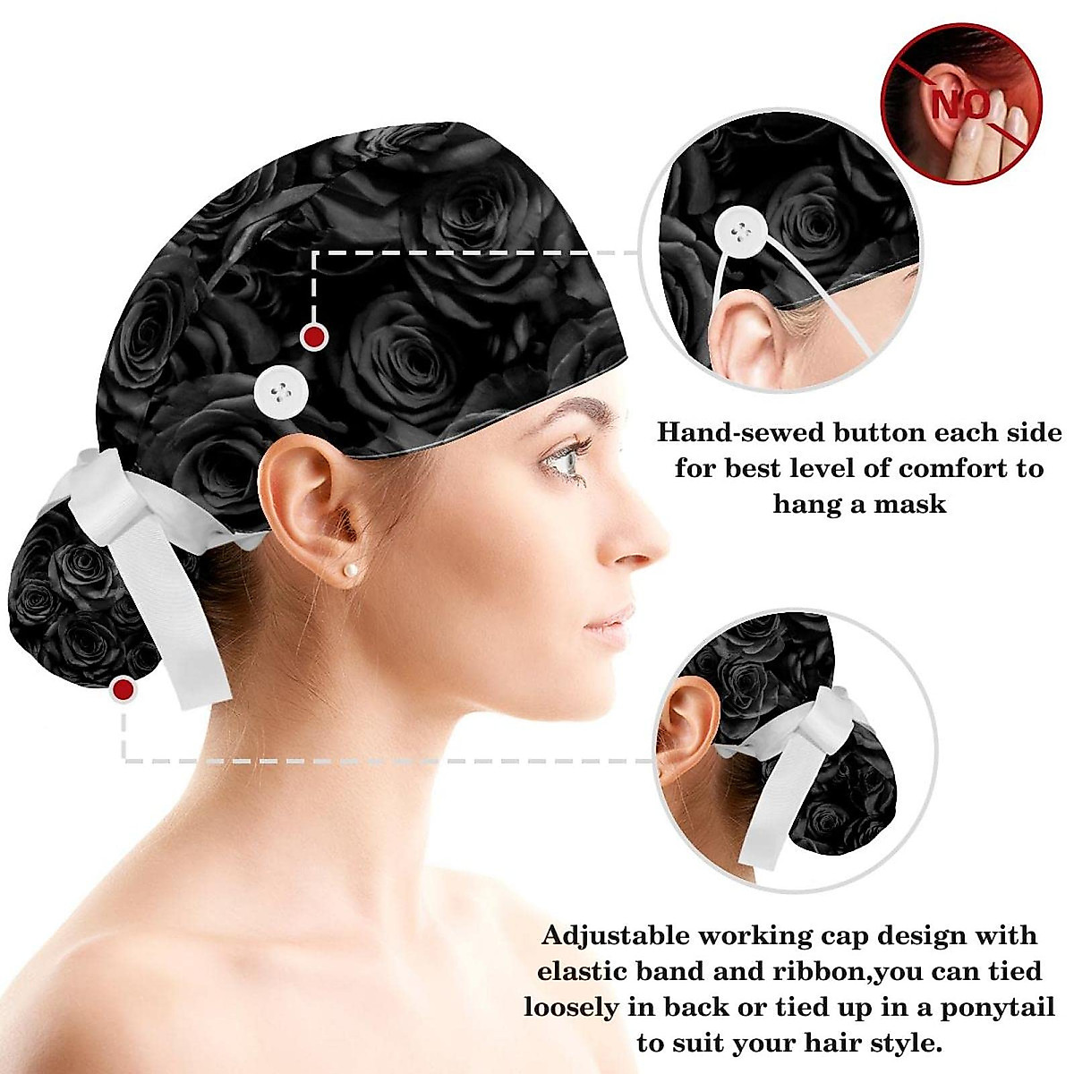 Adjustable Black Roses Scrub Cap, Working Hat Hair Cover with Ponytail Pouch, Soft Bouffant Surgical Nurse Cap