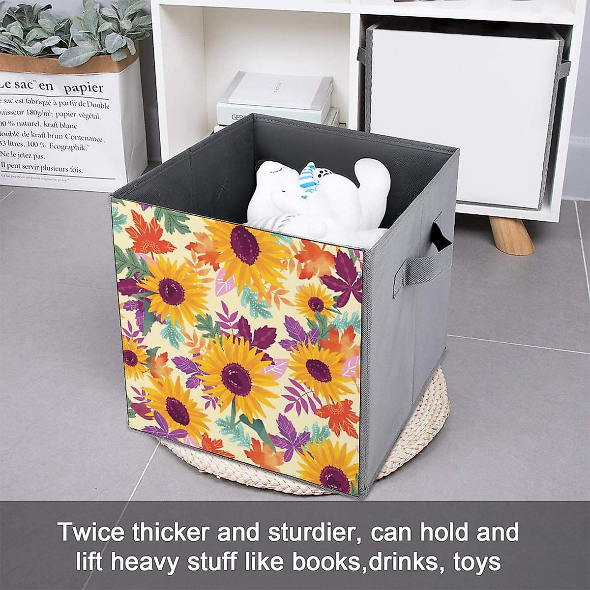 DamTma Storage Cubes Fall Sunflowers 11 Inch Cube Storage Bin with Handles Maple Leaves Fabric Collapsible Cube Baskets for Shelf Toys Clothing Books