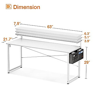 ODK Computer Desk with Adjustable Monitor Shelves, 63 inch Home Office Desk with Monitor Stand, Writing Desk, Study Workstation with 3 Heights (10cm, 13cm, 16cm), White + White Leg