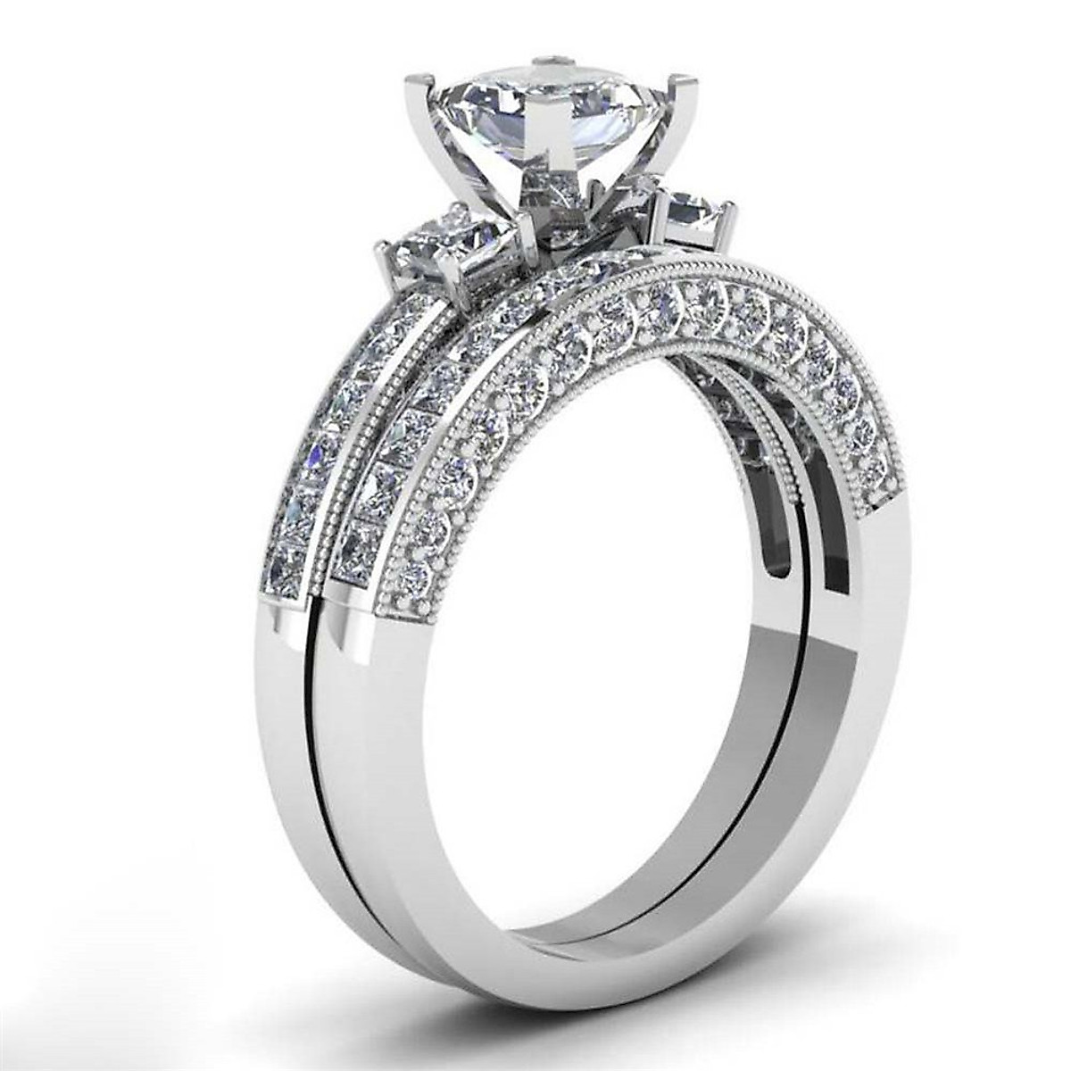 LOVERSRING 3pc His and Hers Couple Ring Bridal Set His Hers Women White Gold Filled Heart Cz Man Titanium Wedding Ring Band Set