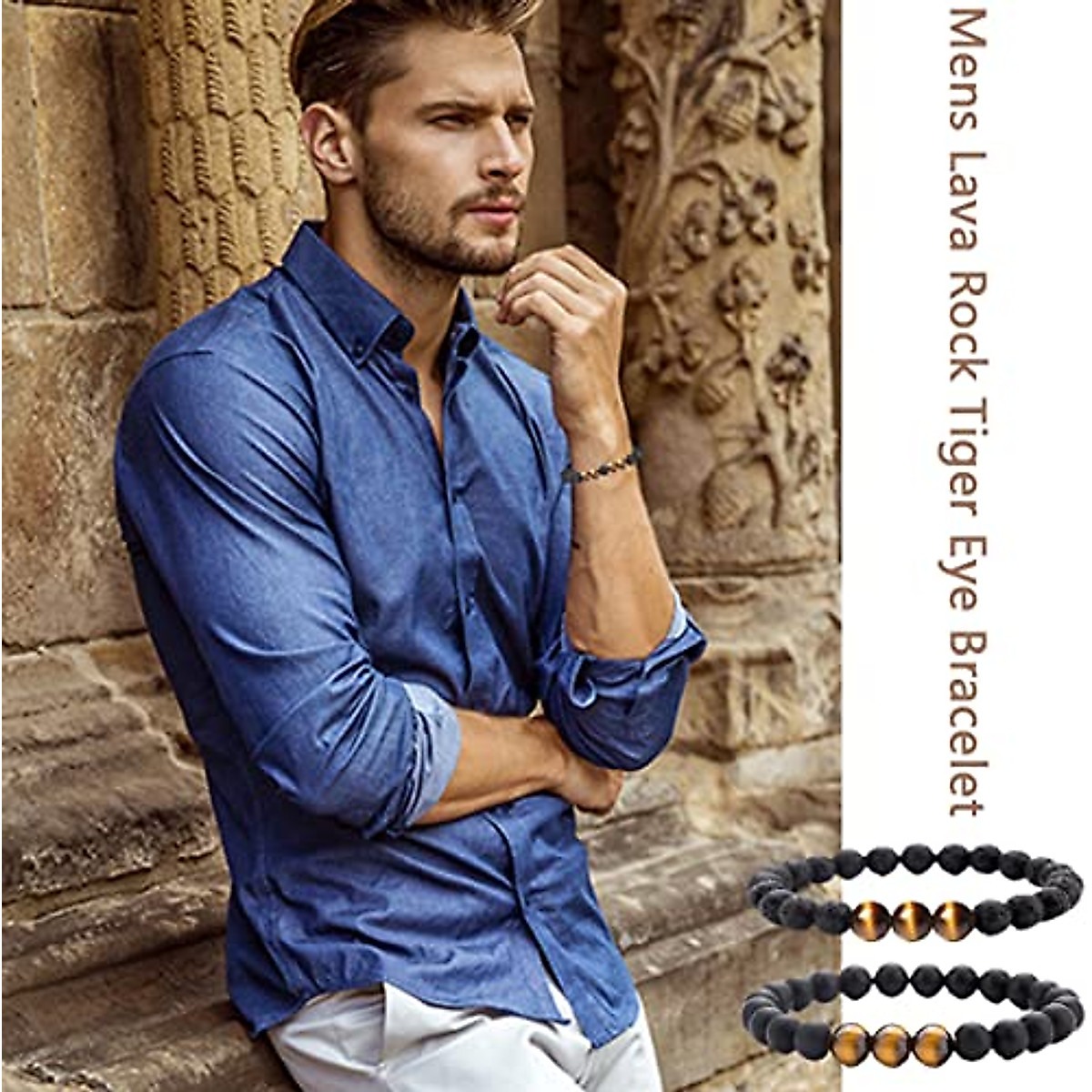 SAMOCO 12 Pcs Adjustable Lava Rock Stone Essential Oil Diffuser Bracelet Braided Elastic Rope Stone Yoga Beads Bracelets for Men Women