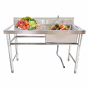 DuyviSteil 304 Stainless Steel Utility Sink, Commercial Kitchen Sink with Drainboard Free Standing Single Bowl for Outdoor, Garage, Laundry Room