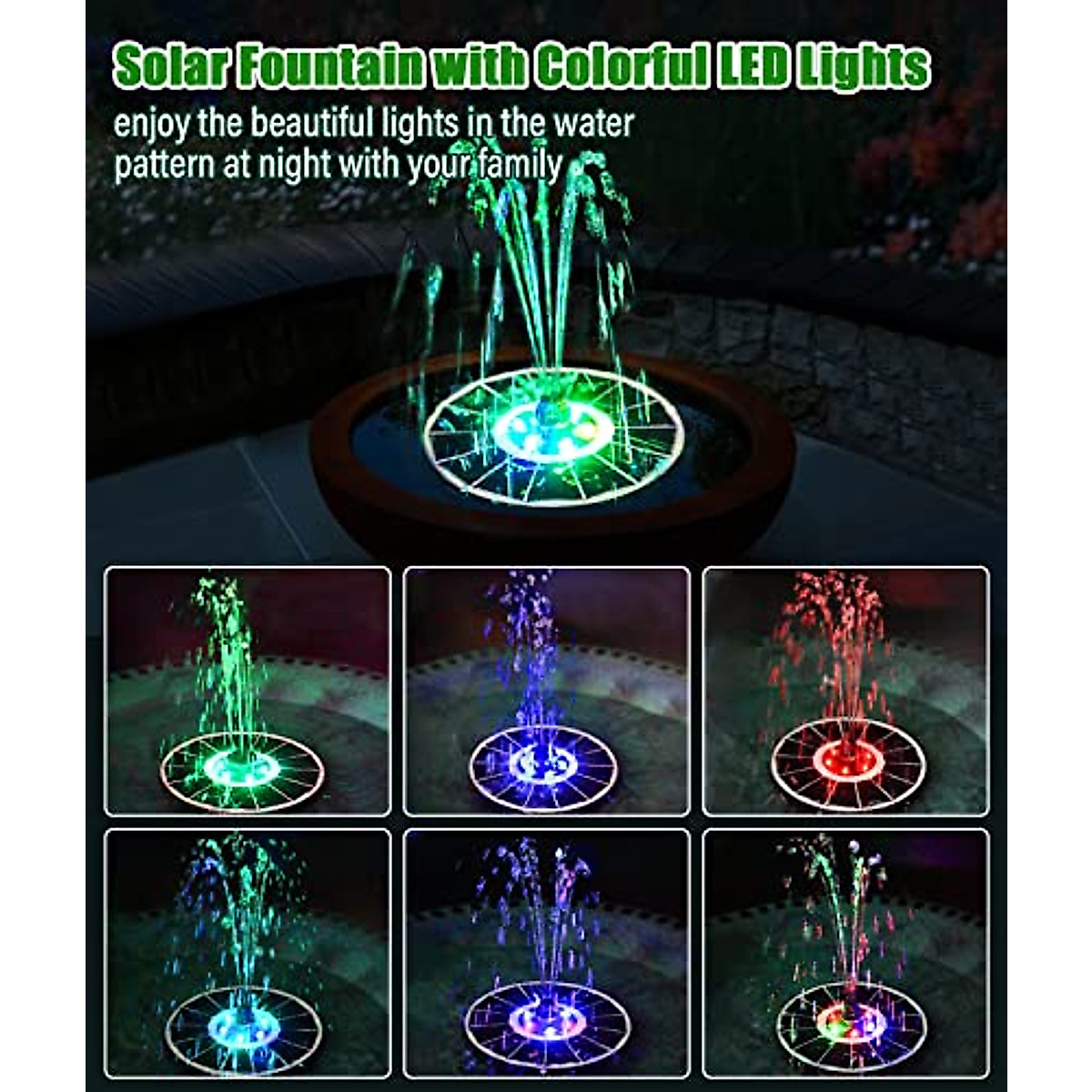 SZMP Solar Fountain Upgraded 100% Glass Panel, 3.5W Floating Solar Powered Water Pump Built-in 2000 Battery with 7 Nozzle & 4 Fixer, Solar Bird Bath Fountain for Garden, Pond, Pool, Outdoor (Colorful)