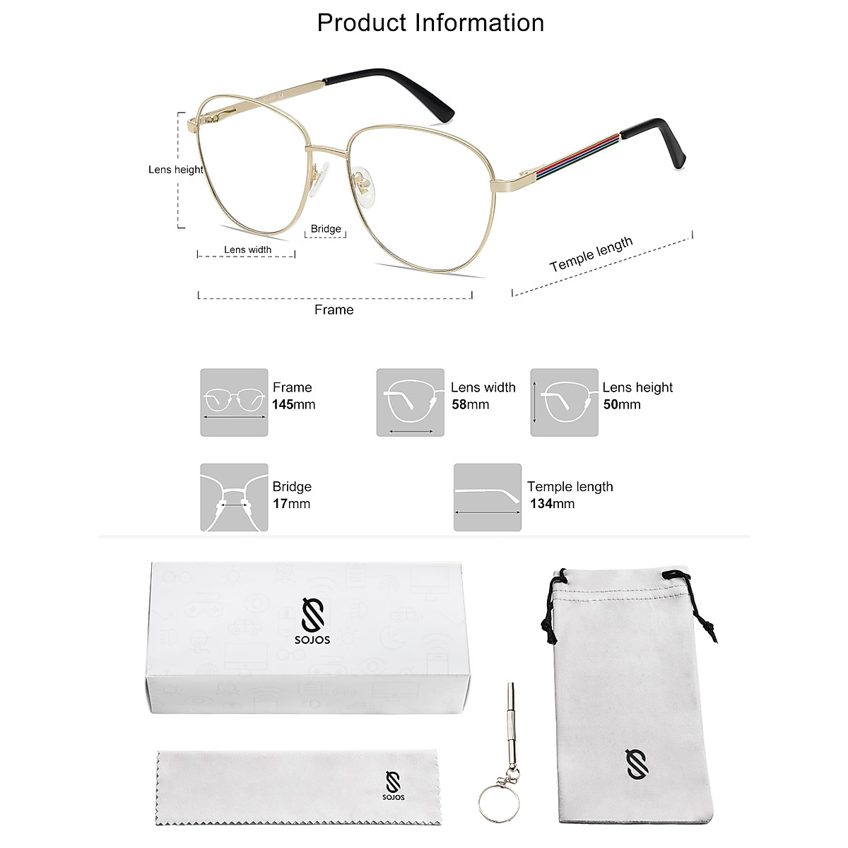 SOJOS Oversized Aviator Blue Light Blocking Glasses for Women Men, Metal Frame Clear Lens Eyeglasses SJ5098, Gold Frame/Anti-Blue Light Lens