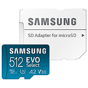SAMSUNG EVO Select Micro SD-Memory-Card + Adapter, 512GB microSDXC 130MB/s Full HD & 4K UHD, UHS-I, U3, A2, V30, Expanded Storage for Android Smartphones, Tablets, Nintendo-Switch (MB-ME512KA/AM)