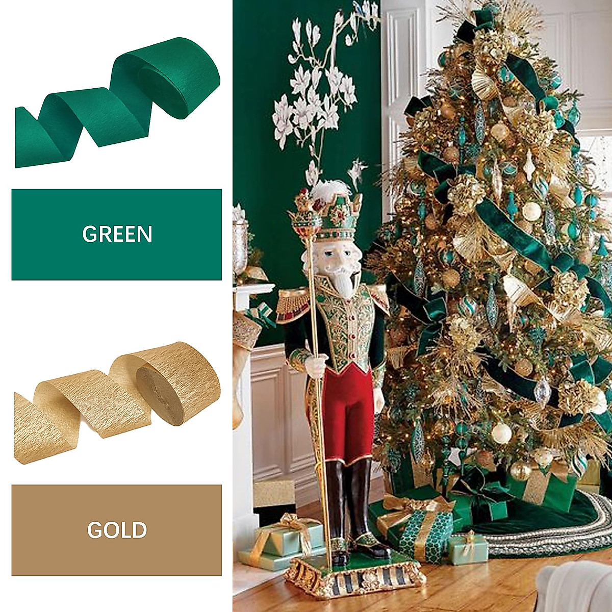 PartyWoo Metallic Gold Balloons 120 pcs 5 Inch and Green and Gold Crepe Paper Streamers 6 Rolls