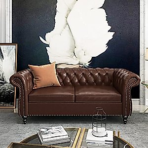 Chesterfield Loveseat, Modern Leather Sofa Tufted Couch 2 Seater with Rolled Arms and Nailhead for Living Room, Bedroom, Office, Apartment (Dark Brown)