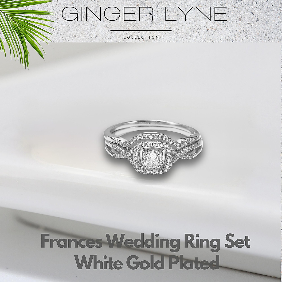Square Halo CZ Engagement Rings for Women Set Plated White Gold Wedding Rings for Women by Ginger Lyne | Cubic Zirconia Bridal Rings Sets for Her | Half Eternity Wedding Band