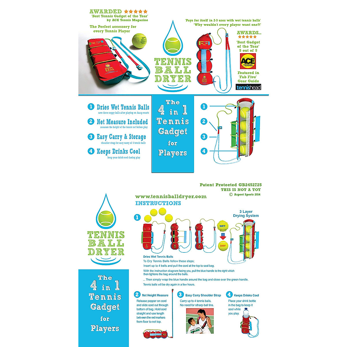 Tennis Ball Dryer -The 4-in-1 Tennis Gadget - Voted 'Best Tennis Gadget' - Includes 4 Great Features in 1. The Perfect Tennis Gift for Any Player.