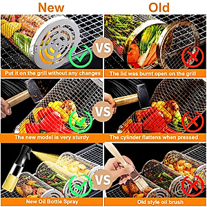 Rolling Grilling Baskets Outdoor Accessories Stainless Steel Cylinder Tubes Vegetable Cage Veggie Grill Bbq Basket Nets Veggies Barbecue Round Net Cylinders Barbeque Kabob Fish Meat Gear Gift （2pcs）