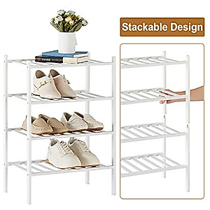Trenect Shoe Rack for Entryway Closet 4 Tier Narrow Stackable Organizer Storage Bamboo Vertical Small Shelf Free Standing 17.7 * 11 * 26.2 Inches (White)