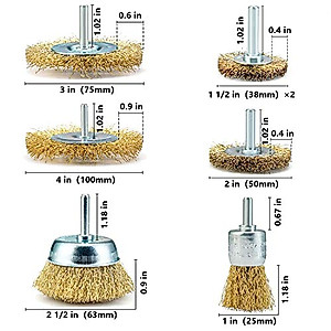 TILAX Wire Brush Wheel Cup Brush Set 7 Piece, Wire Brush for Drill 1/4 Inch Arbor 0.0118 Inch Coarse Brass Coated Crimped Wire Wheel for Used to Clean Rust, Flakes and Abrasives Drill Attachment