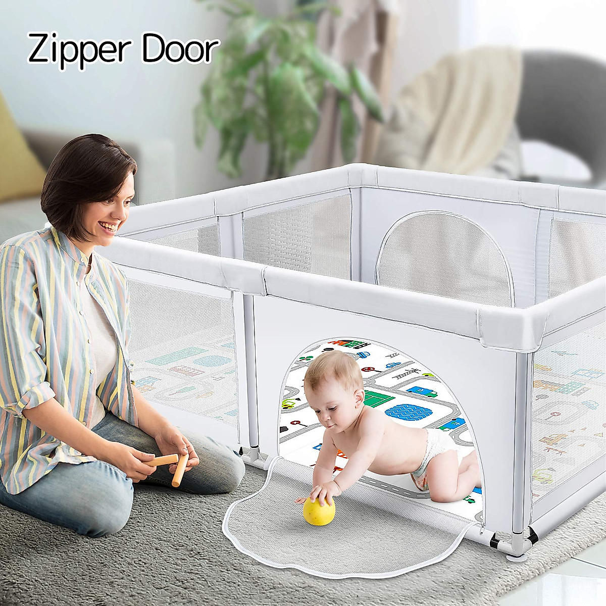 Baby Playpen with Mat, 79"x71" Extra Large Play Pens for Babies and Toddlers, Infants Playpen Gate Kids Safety Play Yard (Light Gray)