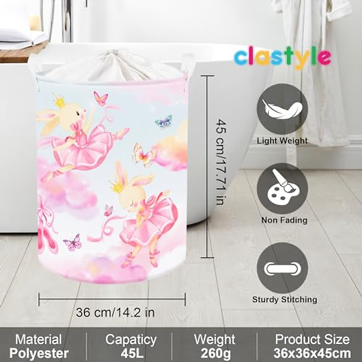 Clastyle 45L Fantasy Rabbit Ballet Dancer Collapsible Laundry Basket Pink Cloud Dancing Butterfly Dirty Clothes Hamper Round Toy Girls Storage Basket with Lid, 14.2x17.7 in