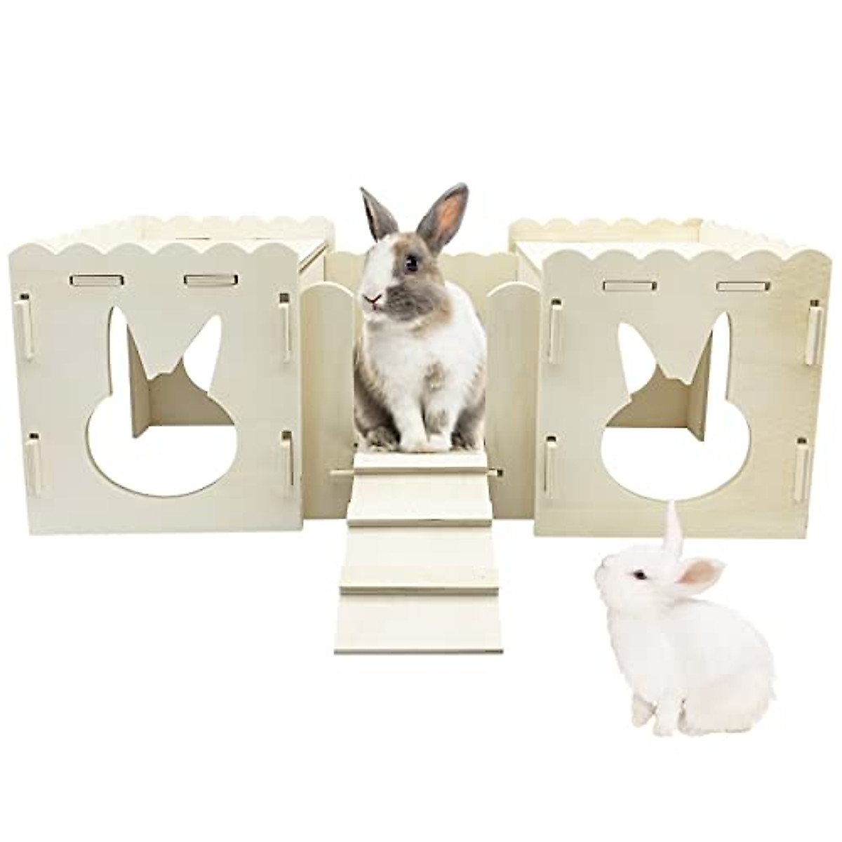 kathson Wooden Rabbit Castle Small Animals Hideout Bunny Playhouse Tunnel with Bridge Windows Spacious and Breathable Indoor Castle for Bunnies, Cat, Guinea Pig
