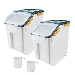 MXCELL 2 Pack 50lb Rice Dispenser Large Airtight Flour Holder 25LB Dog Food Storage Container Plastic Grain Bin with Spoon and Measuring Cup for Kitchen Pantry Counter Top (Blue)