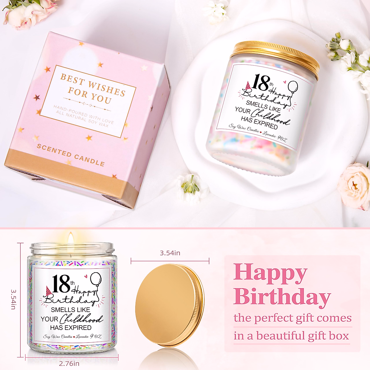 18th Birthday Gifts for Her, Happy18th Birthday Candle with Sprinkles, Unique Birthday Gifts for Girls Women Sister Best Friends Daughter Bestie Turning 18 Birthday Present